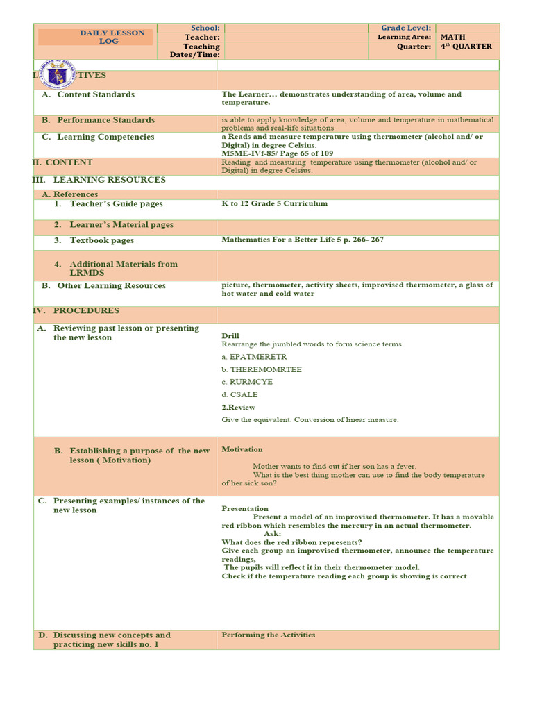 Math5 COT - Reading and Measuring Temperature Using Thermometer | PDF ...