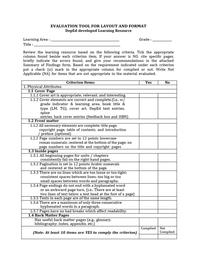 Evaluation Tool For Layout and Format | PDF | Book Design | Human ...