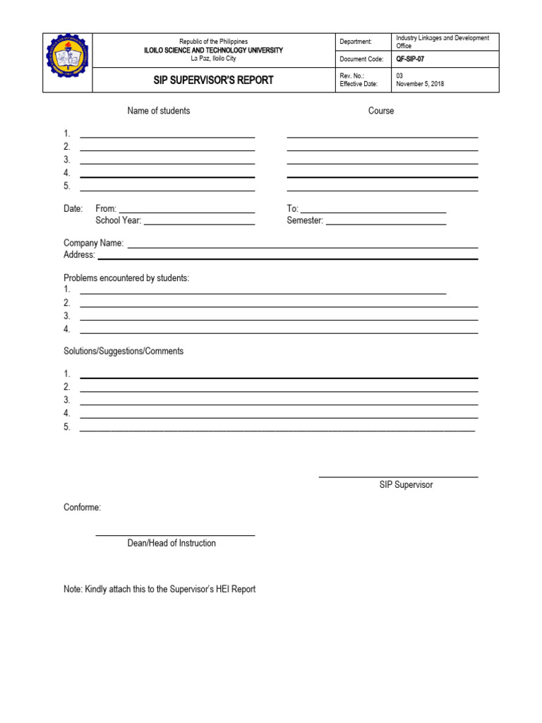 QF-SIP-07 SIP Coordinators Supervisors Report | PDF | Career & Growth | Business