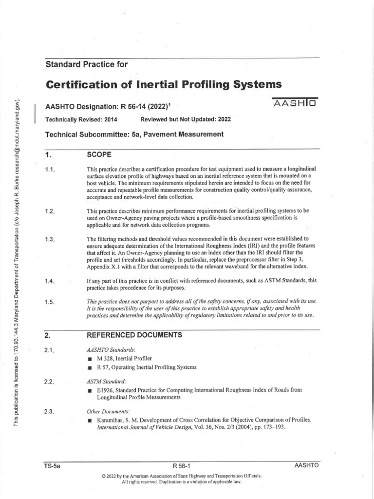 AASHTO R 56 Standard Practice For Certification of Inertial Profiling Systems | PDF