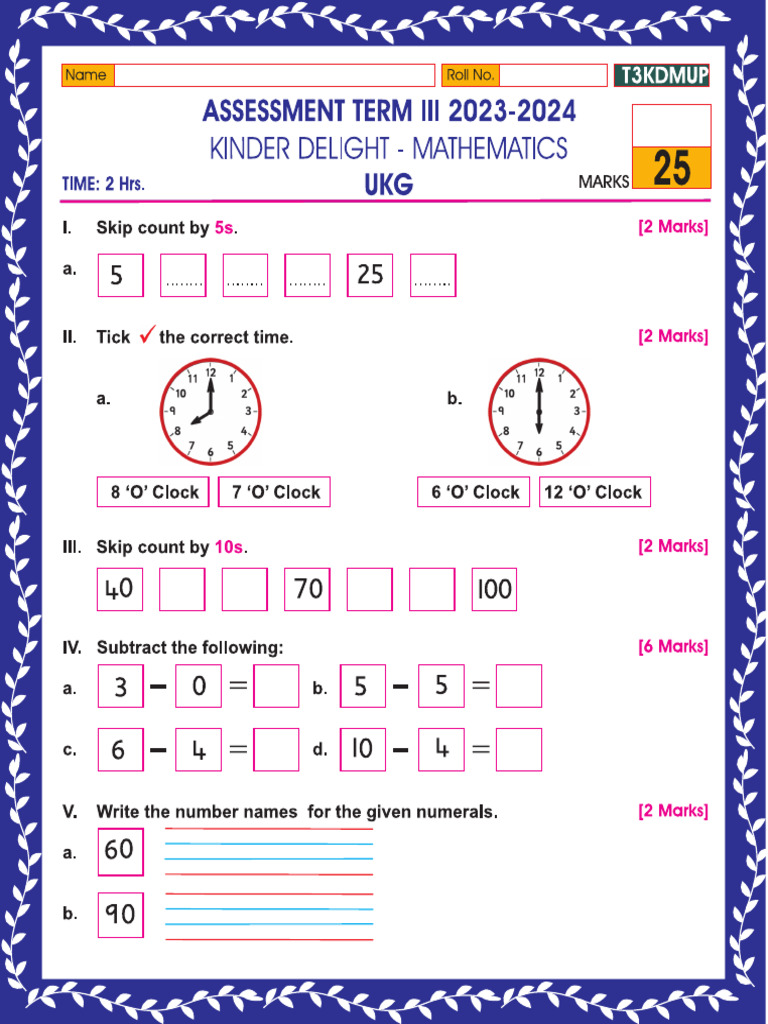 KINDER DELIGHT UKG - MATHS 25 Marks | PDF