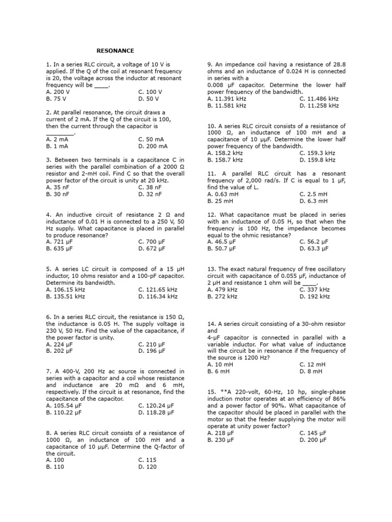RESONANCE Practice Problems | Download Free PDF | Series And Parallel ...