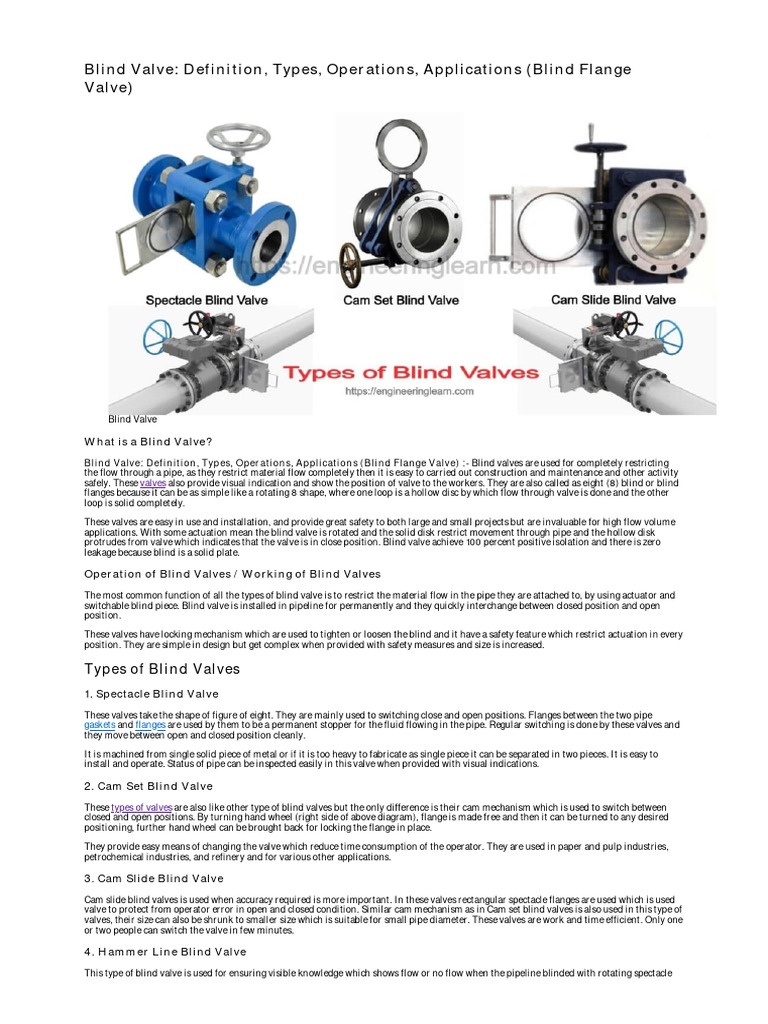 Blind Valve Types and Applications Guide | PDF | Valve | Pipe (Fluid ...
