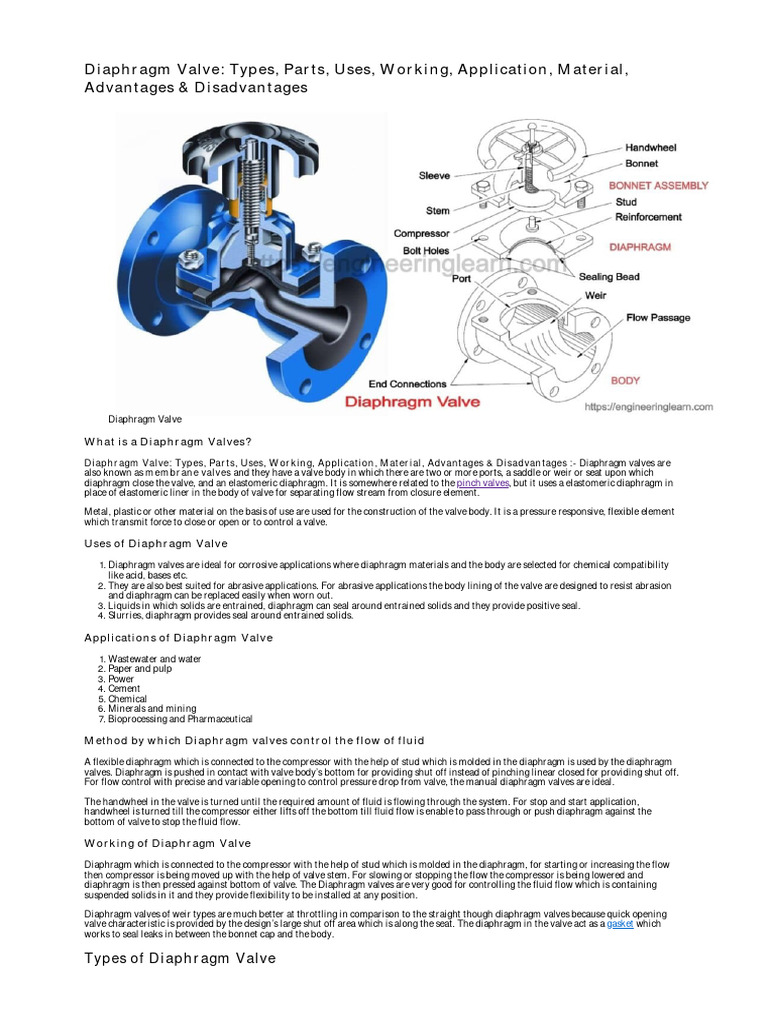 Diaphragm Valve_ Types, Parts, Uses, Working, Application, Material, Advantages & Disadvantages ...