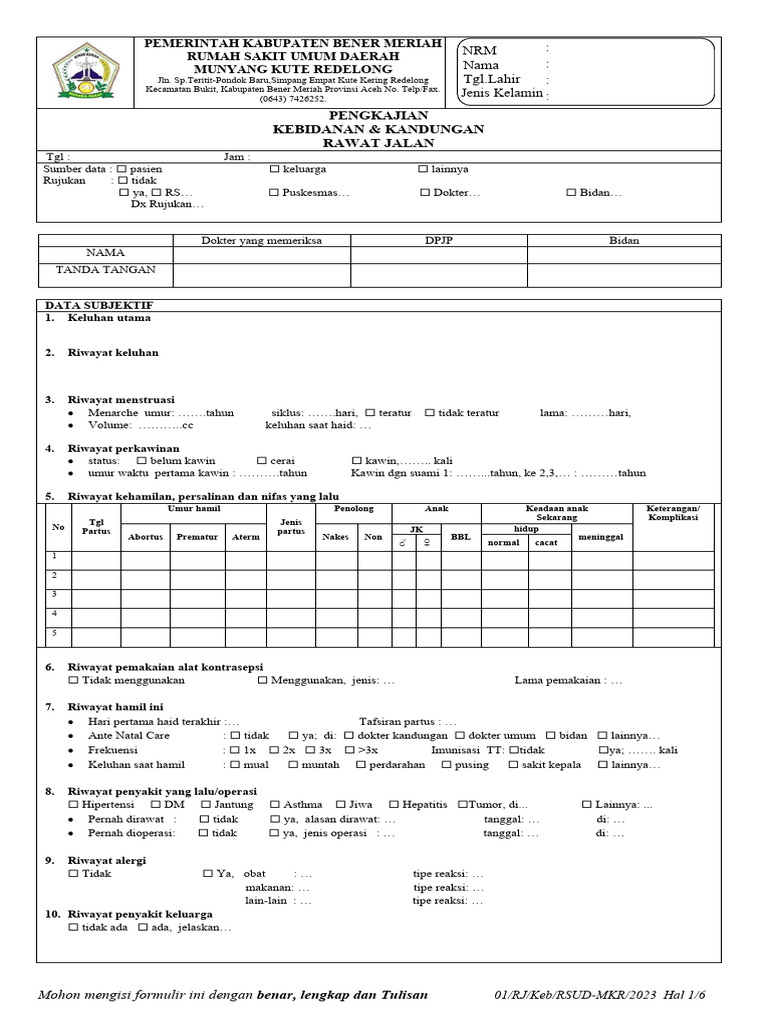 RJ-01a Form Pengkajian Kebidanan | PDF