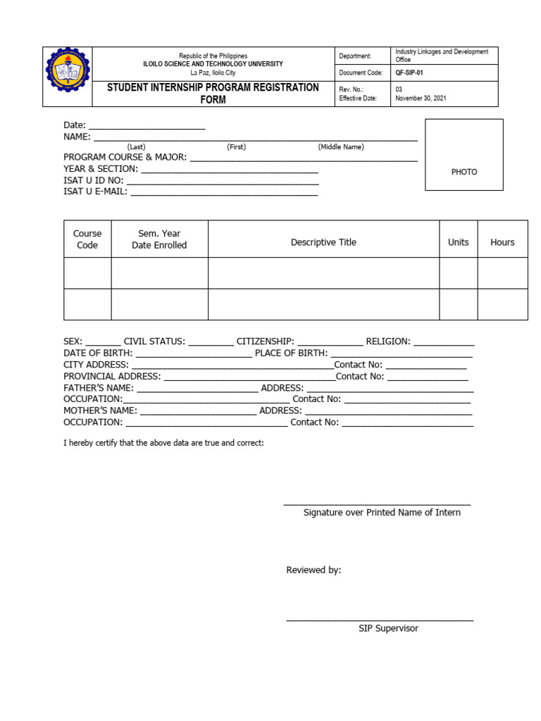 QF-SIP-01 Student Internship Program Registration Form 11112021 | PDF ...