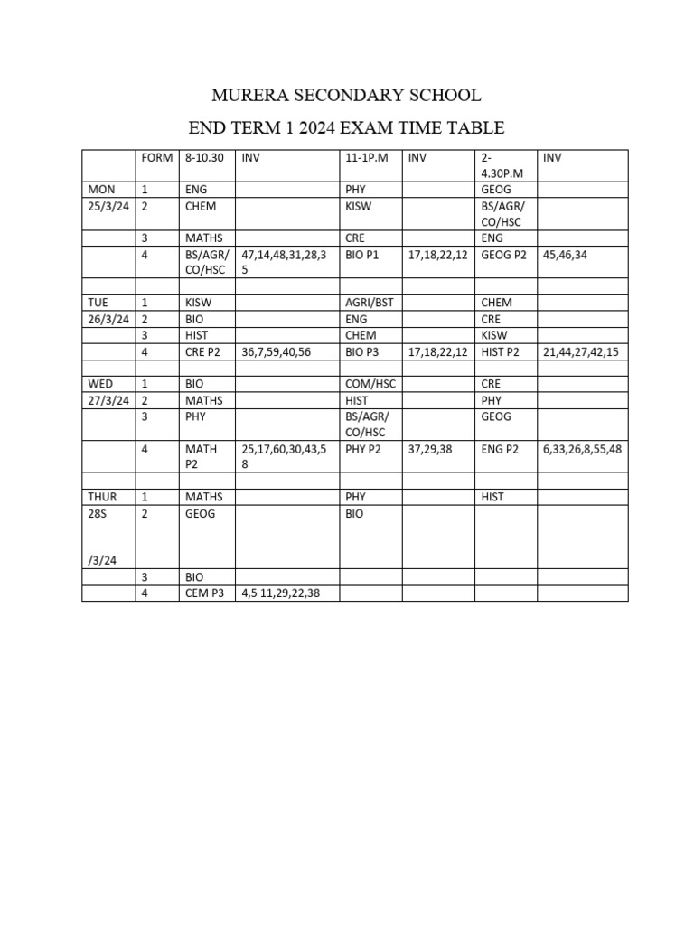 Murera Secondary School End Term 1 2024 Exam Time Table | PDF