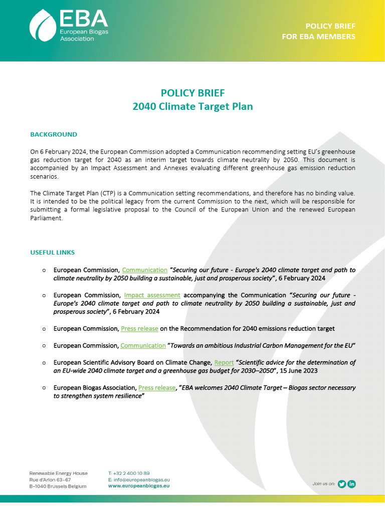 EBA Policy Brief - 2040 Climate Target Plan FINAL | PDF | Climate ...