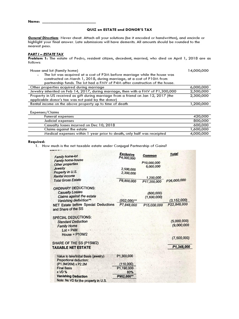 Estate and Donor's Tax Quiz | PDF | Estate Tax In The United States ...