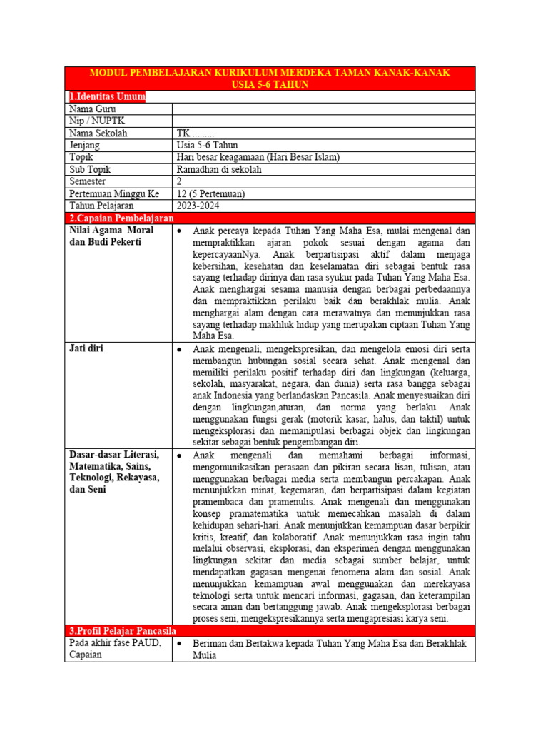 Modul RPPH TK - 5-6 Minggu Ke 12 | PDF
