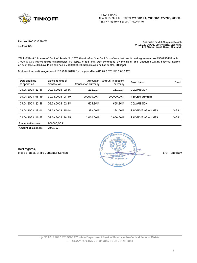 Tinkoff Bank Transaction Statement | PDF | Personal Finance | Banking