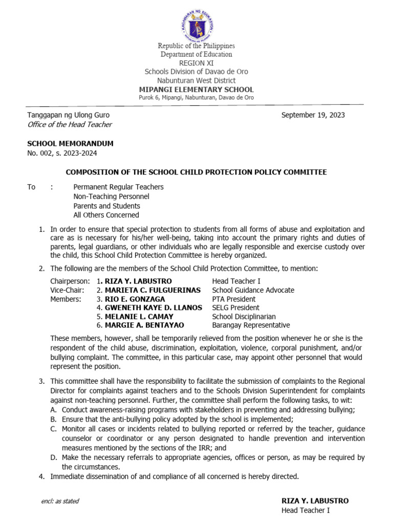 Memo - Child Protection Policy | PDF | Child Protection | Teachers