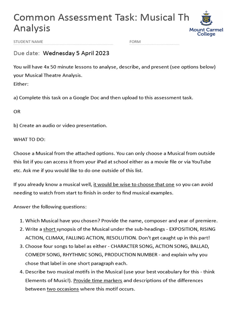 Musical Theatre Analysis Task Guide | PDF