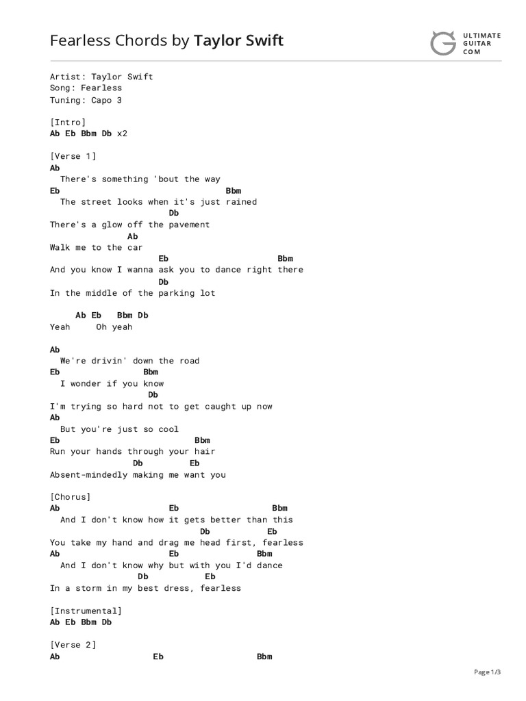 Fearless Chords for Guitar by Taylor Swift | PDF | Song Structure ...