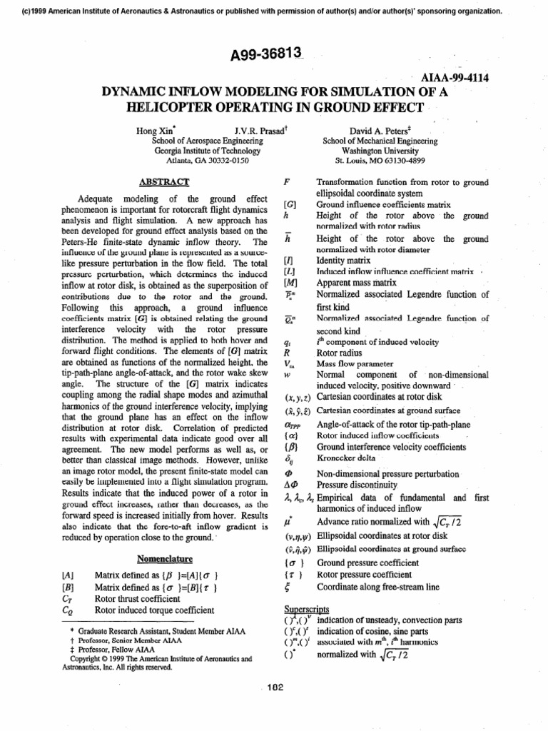 Dynamic Inflow Modeling For Helicopter IGE-Peters | PDF | Helicopter ...