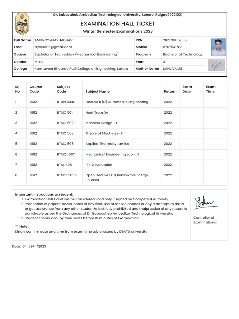 DBATU Winter Exam Hall Ticket 2023 | PDF | Engineering | Physical Sciences