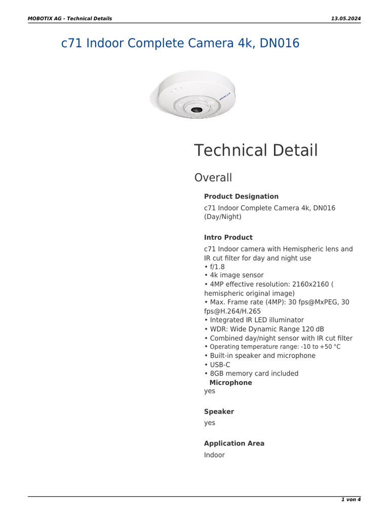 Mobotix C71 Indoor Camera Specs | PDF | Camera | Computer Networking