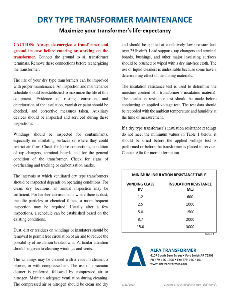 Dry Type Transformer Maintenance Guide | PDF | Transformer | Insulator ...