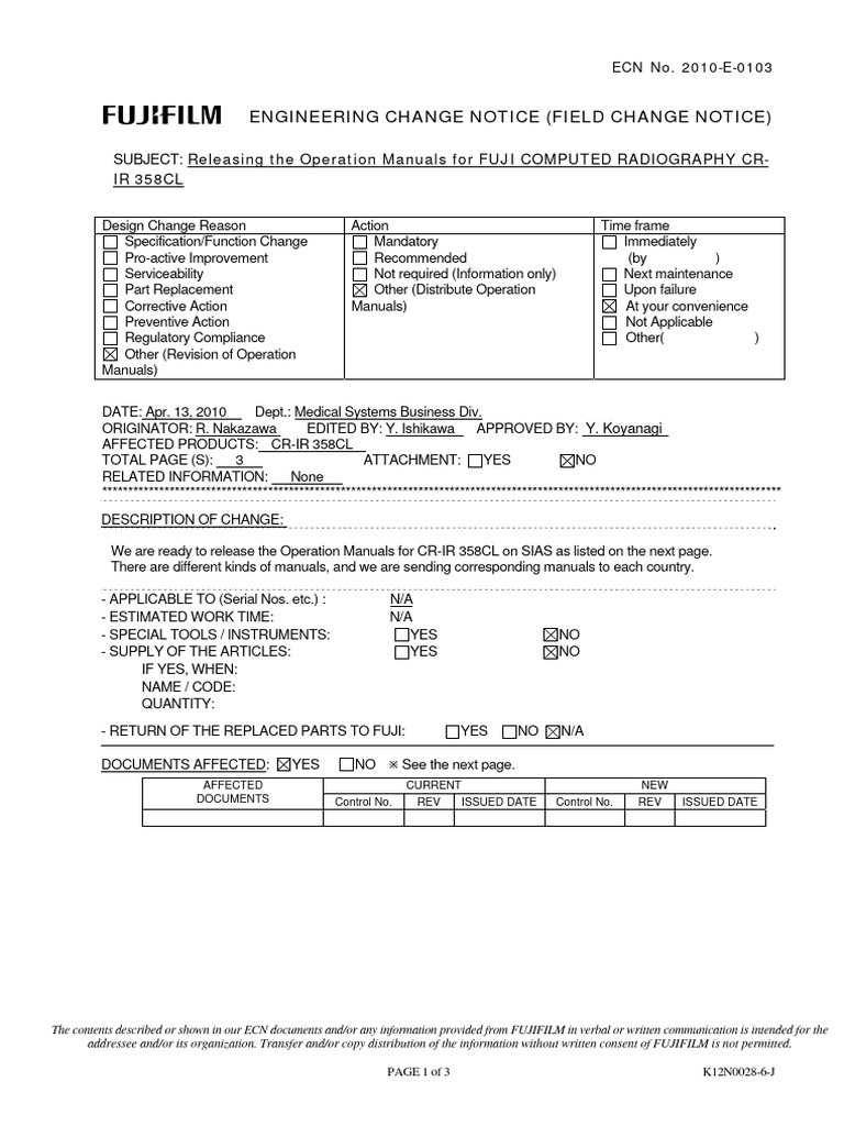 Engineering Change Notice (Field Change Notice) : ECN No. 2010-E-0103 ...