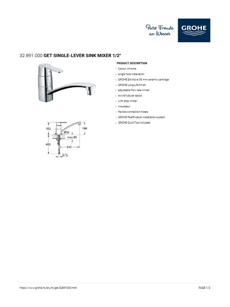 GROHE_GET_Specification_Sheet_32891000 | PDF