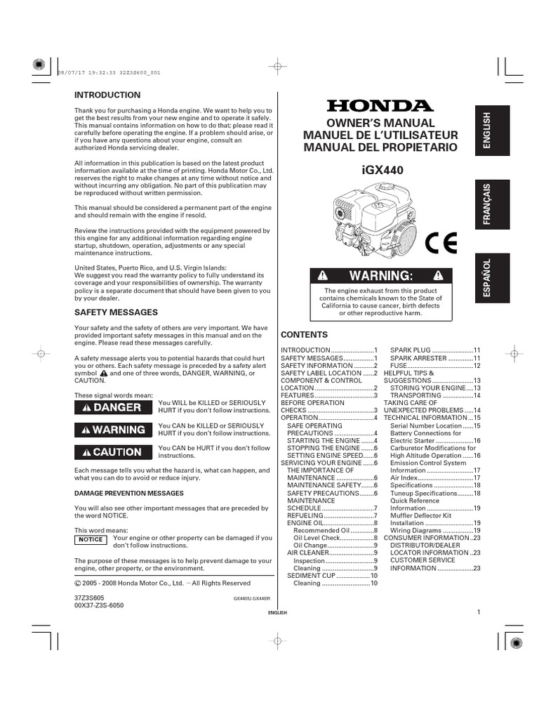 Owners Manual Gx440iu English 32z3s605 | PDF | Gasoline | Motor Oil