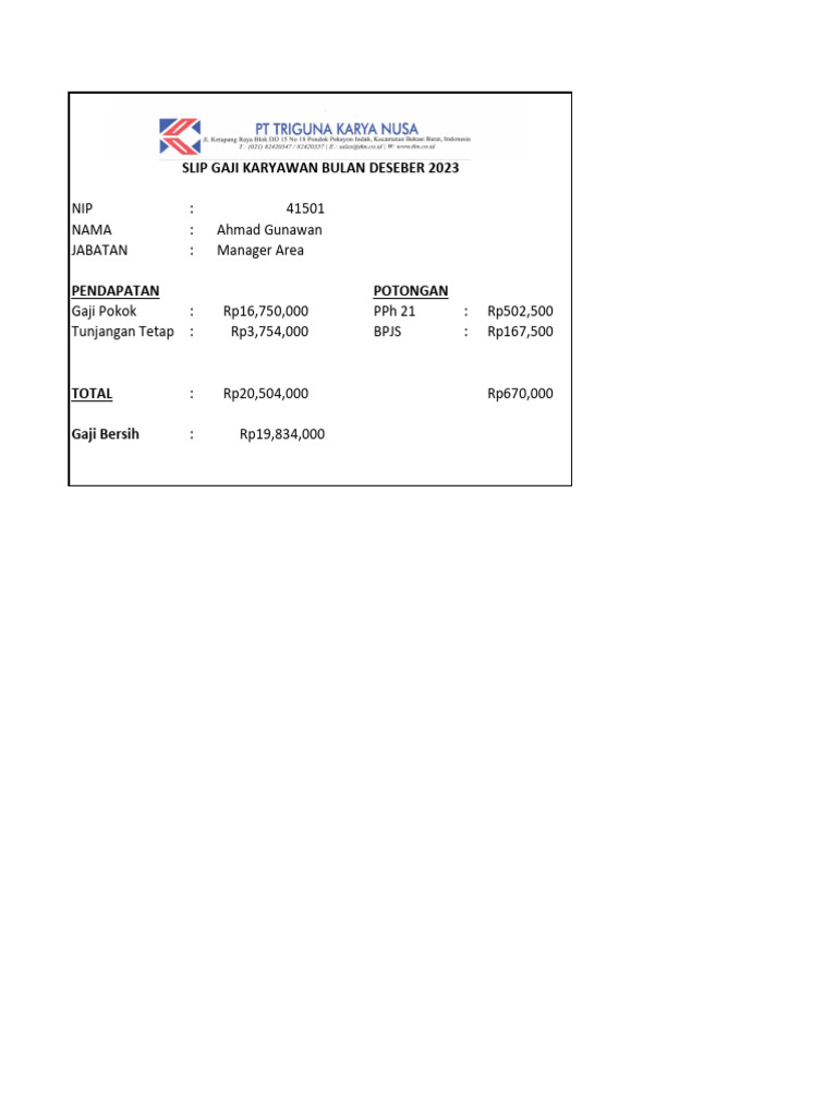 Slip Gaji Karyawan PT Triguna Karya | PDF