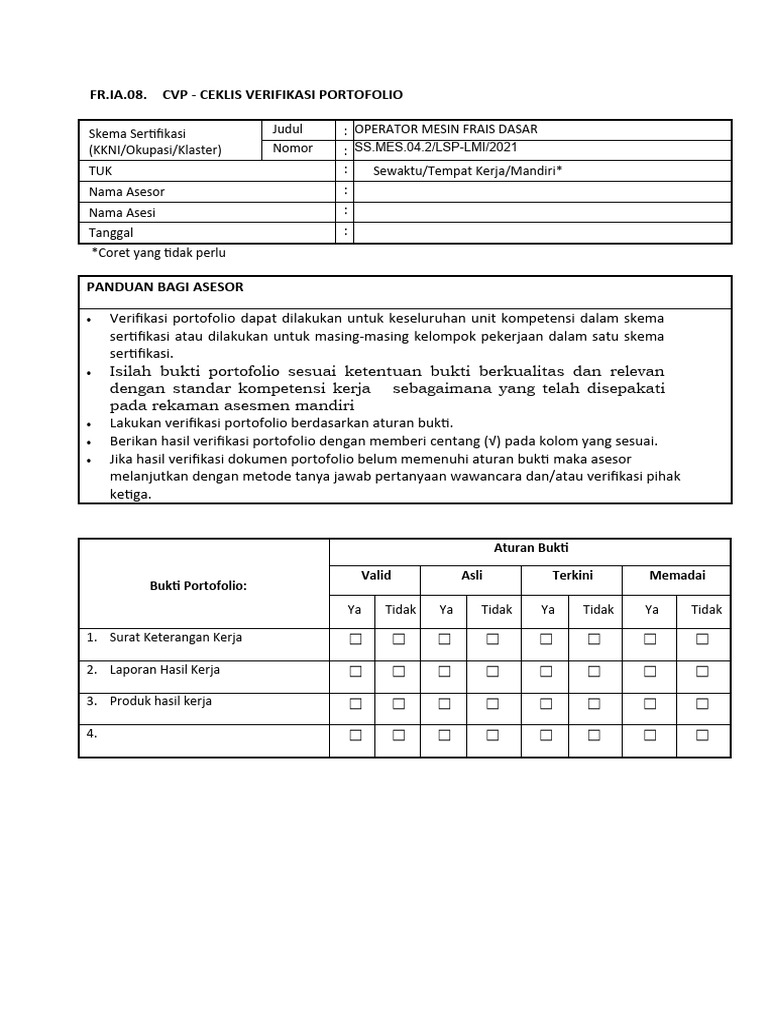 Ceklis Verifikasi Portofolio Operator Mesin | PDF