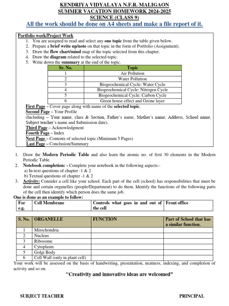 Sci, 9th, Summer Vacation H W - 2024 | PDF | Cell (Biology) | Organelle