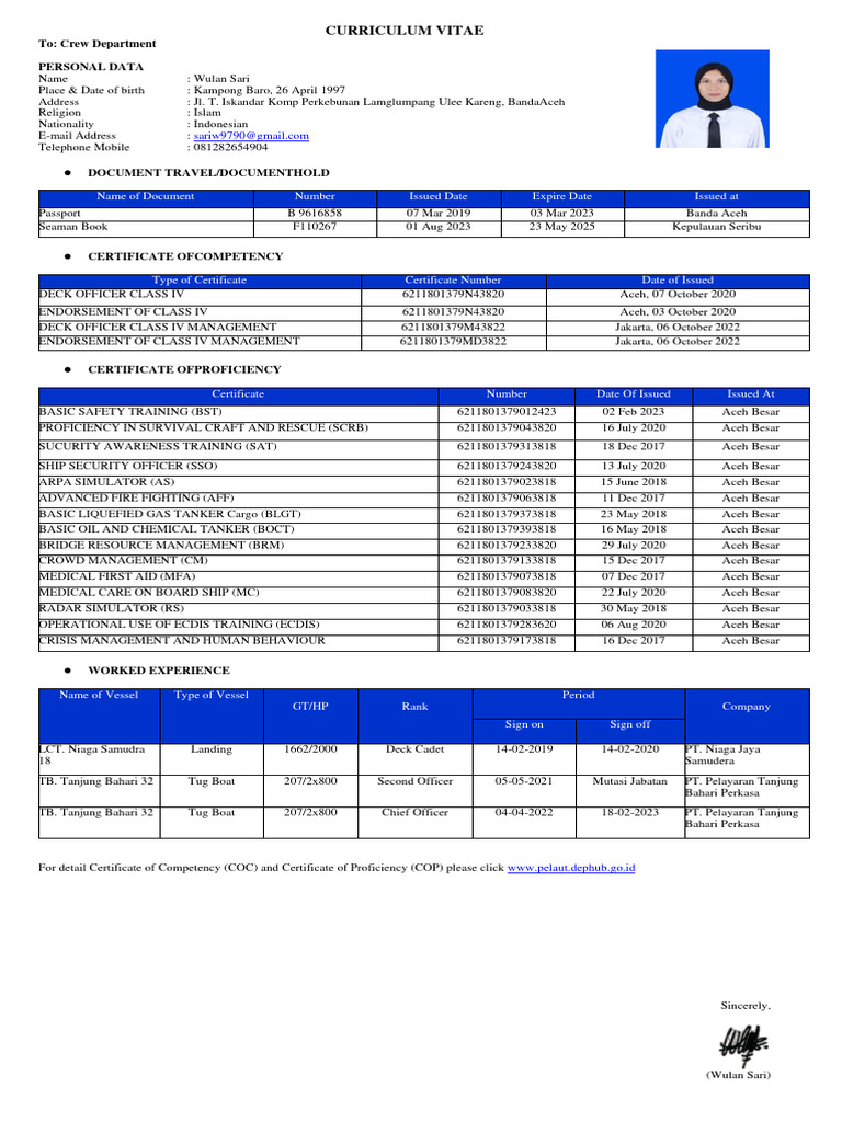 Curriculum Vitae Wulan-Dikonversi | PDF | Ship Types | Freight Transport