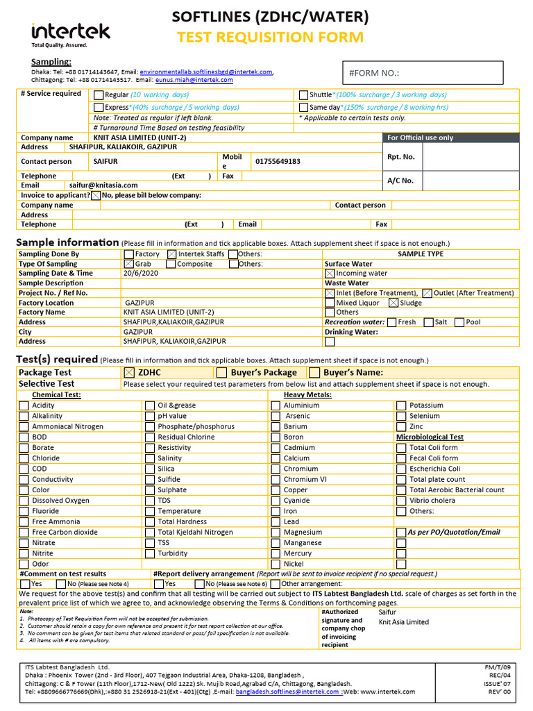 FM-T-09, REC-04 General Test Request Form (Water) - Edited | PDF | Law ...