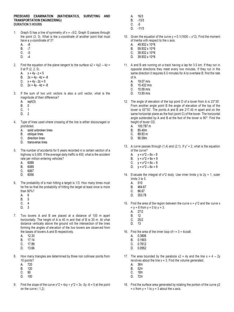 Refresher Preboard Math 01 | PDF | Acceleration | Line (Geometry)
