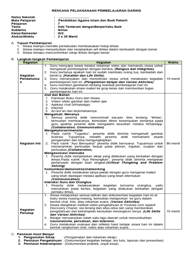 RPP Pembelajaran Daring | PDF