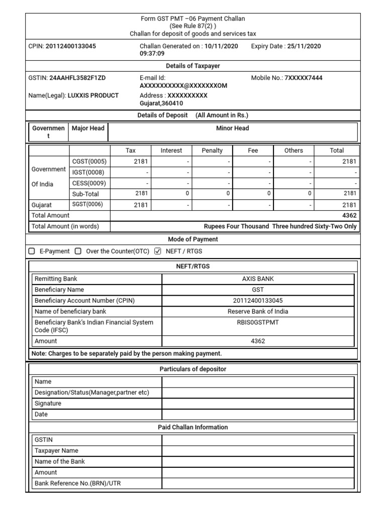 GST Payment Challan Form GST PMT-06 | PDF | Taxes | Payments
