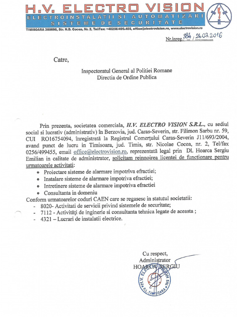 Cerere IGPR Relicentiere HV Electrovision Berzovia | PDF