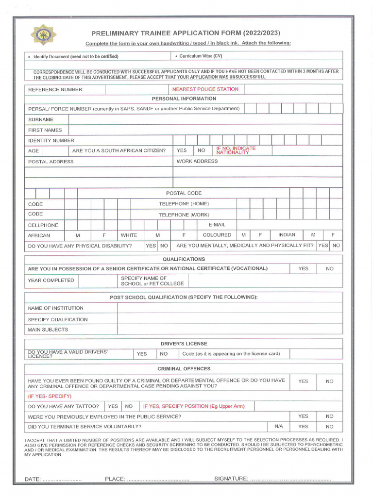 Application Form 5000 Police Trainee | PDF