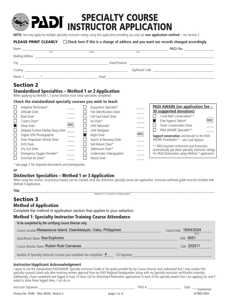 10180E - Specialty Instructor - Application | PDF | Scuba Diving | Underwater Diving Procedures