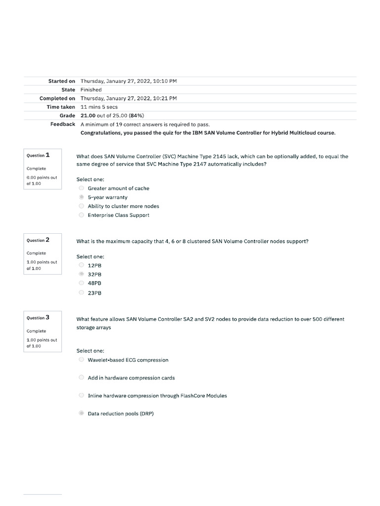 IBM SAN Volume Controller For Hybrid Cloud - Level 2 Quiz | PDF ...