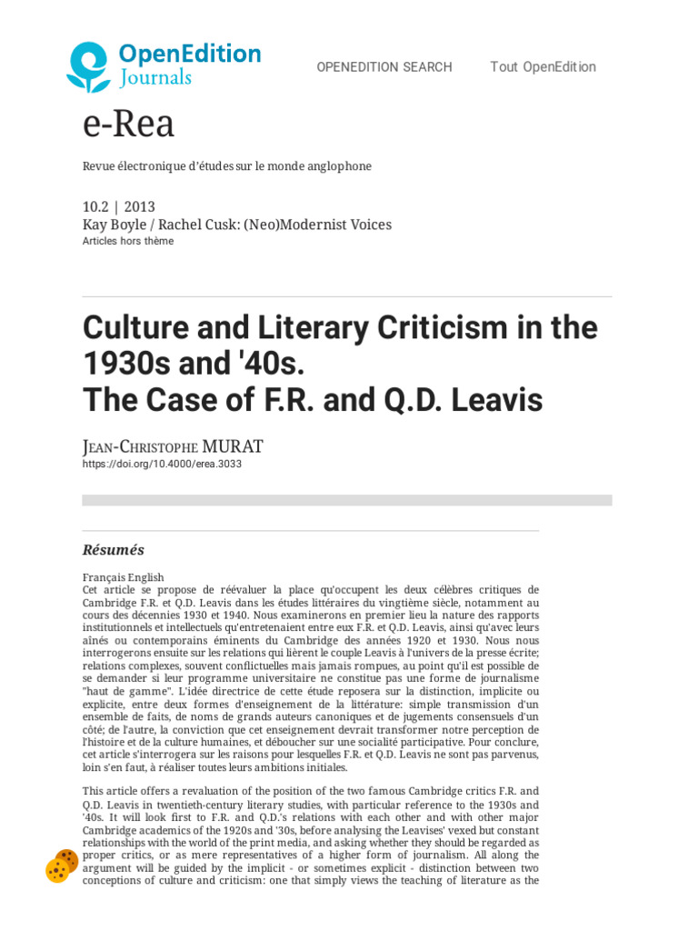 Culture and Literary Criticism in The 1930s and '40s.the Case of F.R ...