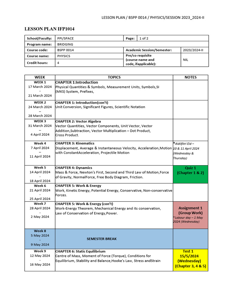 LESSON PLAN IFP1014_20222023 | PDF | Force | Euclidean Vector