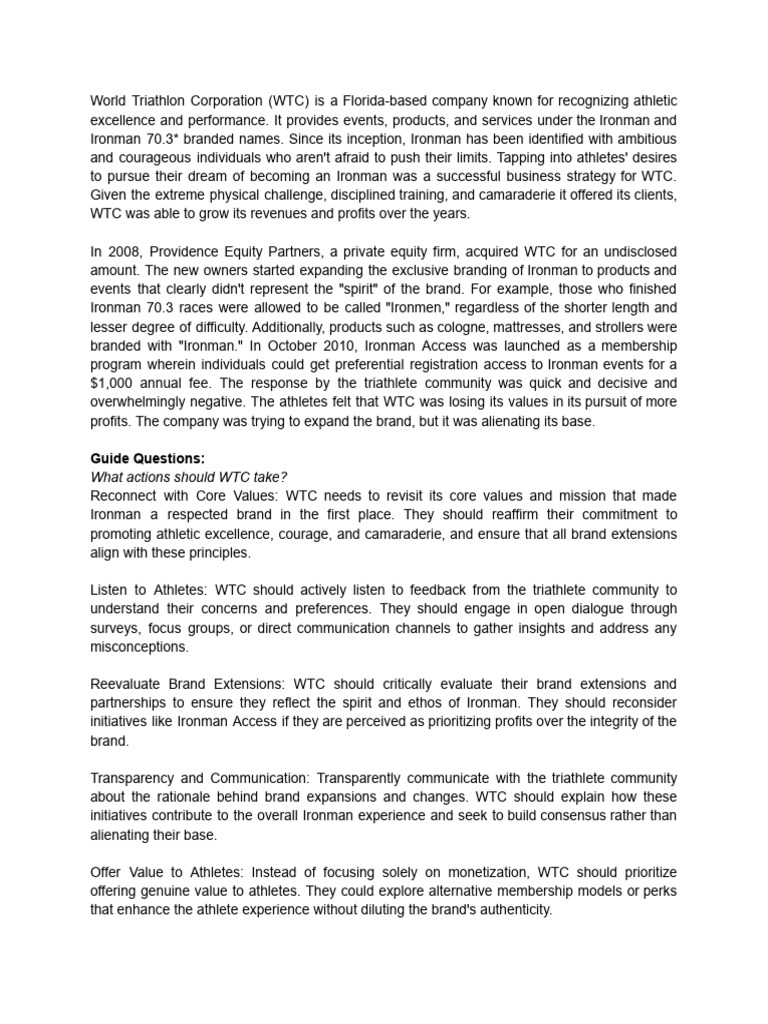 Guide Questions:: What Actions Should WTC Take? | PDF | Brand | Ironman Triathlon