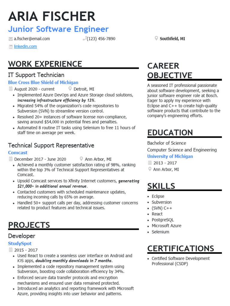 Aria Fischer: Junior Software Engineer Resume | PDF | Software ...
