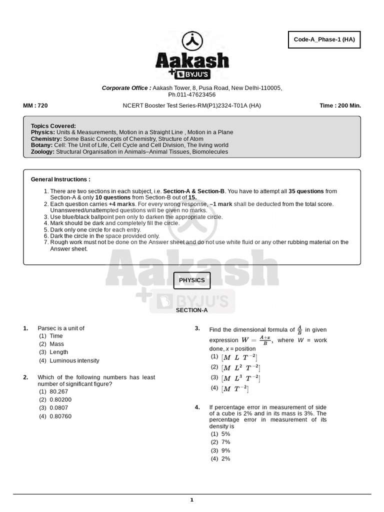 Aakash NBTS 01 QP | PDF | Electron | Acceleration