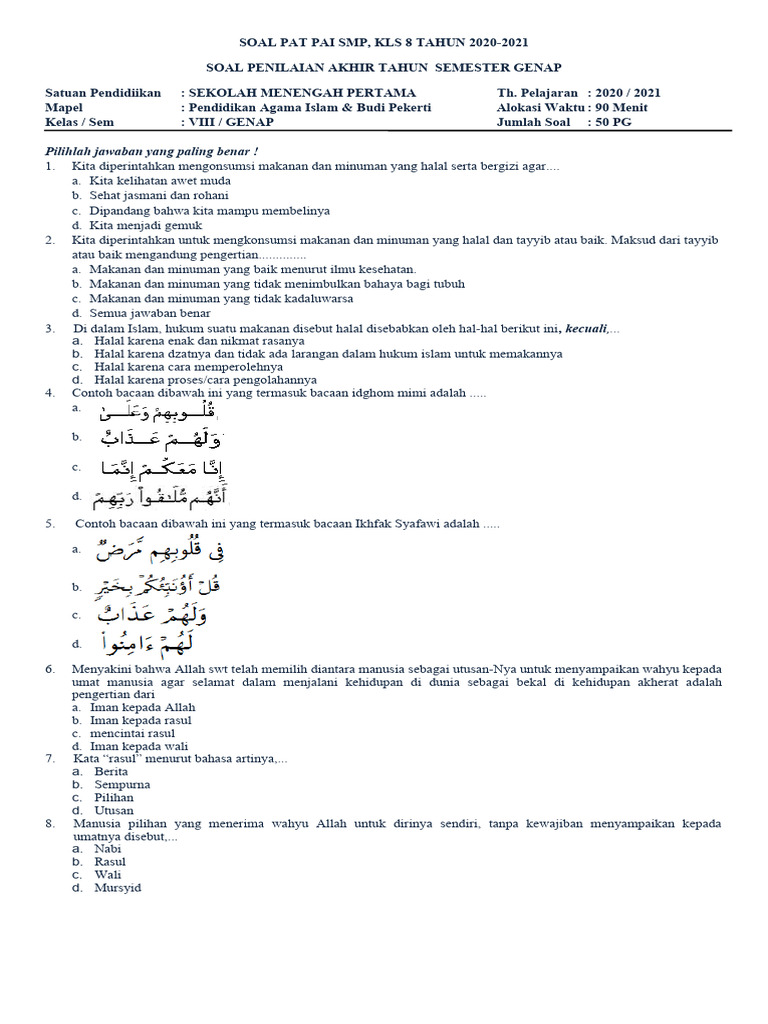 NASKAH SOAL PAT PAI GENAP SMP 2020-2021 | PDF