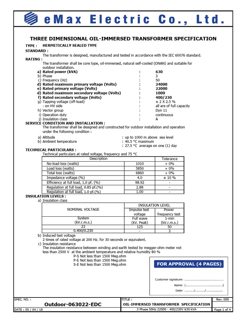 EDC Outdoor Transformer Spec 630 kVA | PDF | Transformer | Insulator ...