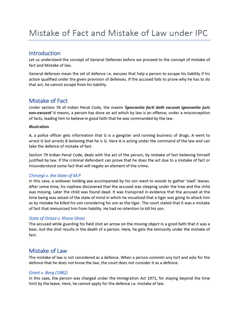 Mistake of Fact and Mistake of Law Under IPC | PDF | Crimes | Crime ...
