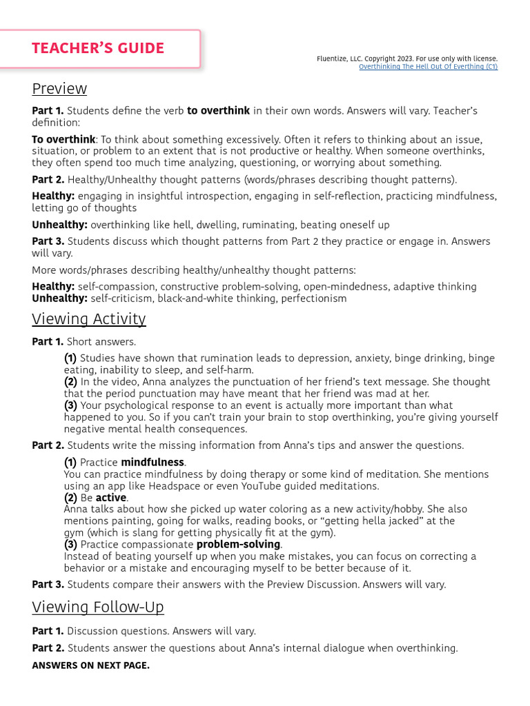Overthinkingthehelloutofeverything Teacherguide | PDF | Verb | Mindfulness