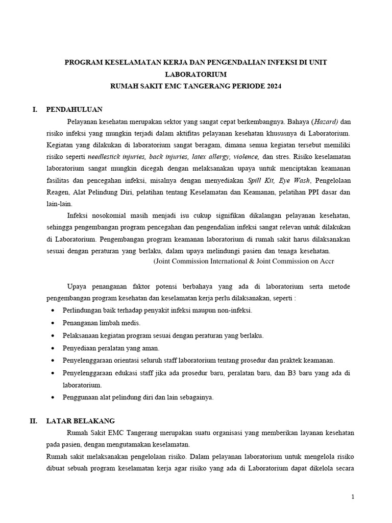 Program Keselamatan Kerja Dan Pengendalian Infeksi Di Unit Laboratorium 2024 | PDF