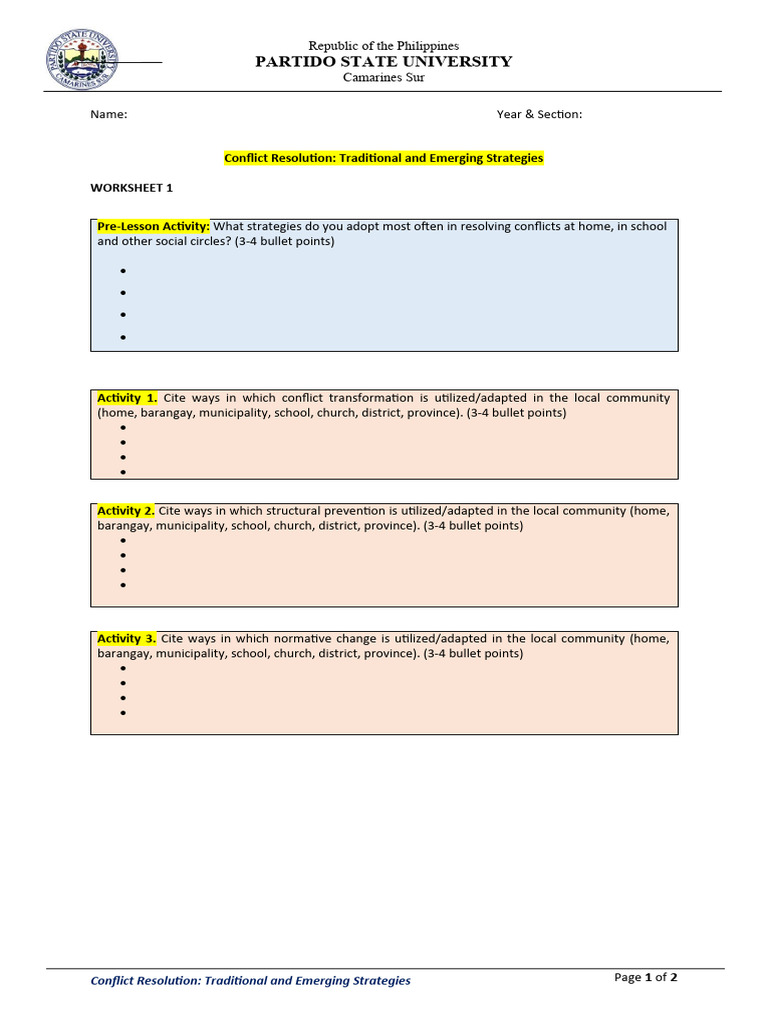 Conflict Resolution Strategies Worksheet | PDF
