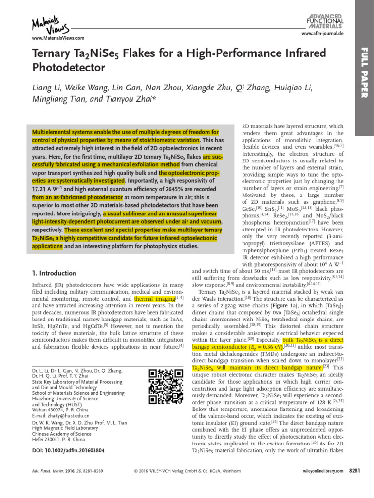 Adv Funct Materials - 2016 - Li - Ternary Ta2NiSe5 Flakes For A High ...