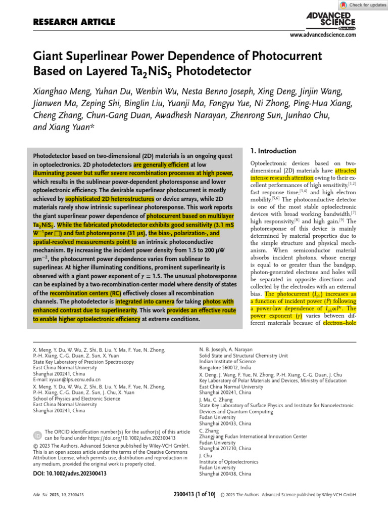 Advanced Science - 2023 - Meng - Giant Superlinear Power Dependence of Photocurrent Based on ...